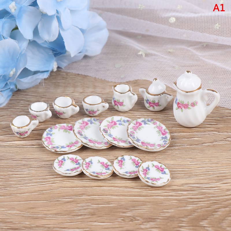 15Pcs 1:12 Miniature Porcelain Tea Cup Set for Toyhouse Furniture ...