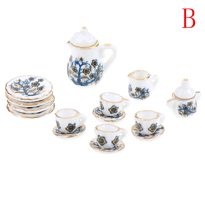 15Pcs 1:12 Miniature Porcelain Tea Cup Set for Toyhouse Furniture ...